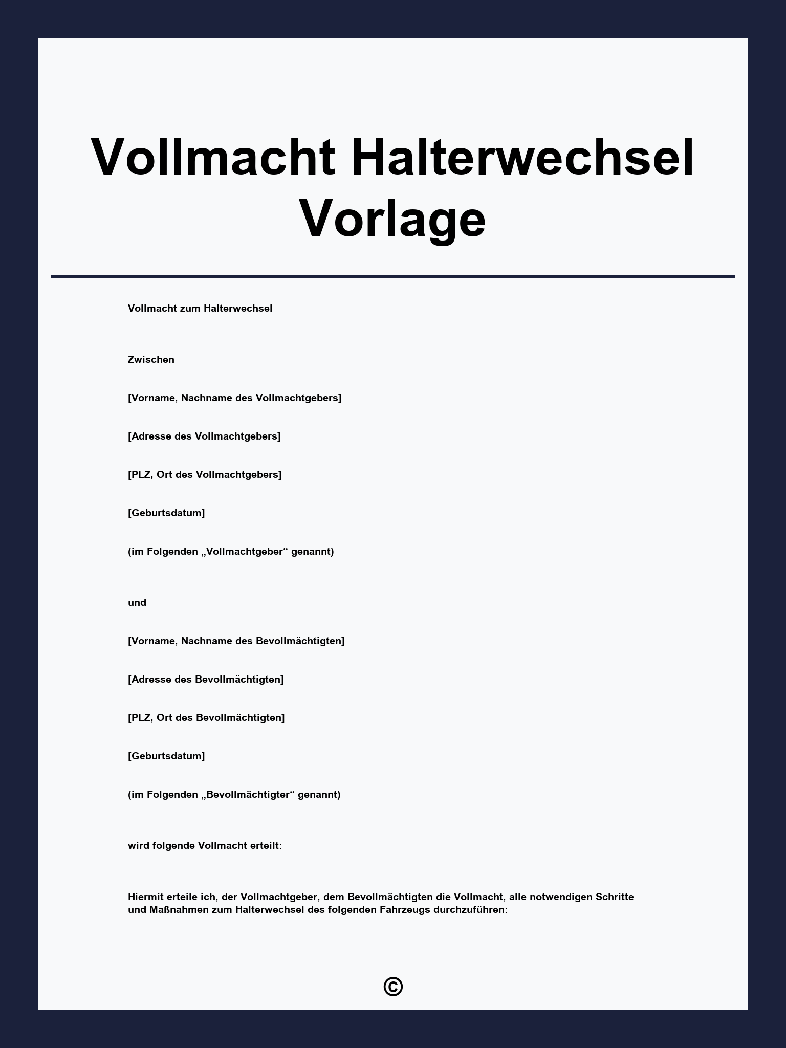 Vollmacht Halterwechsel Vorlage